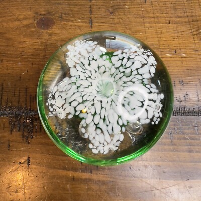 Wheatonware Hand Made Glass Paperweight Green, White, Clear Floral 1974 ...
