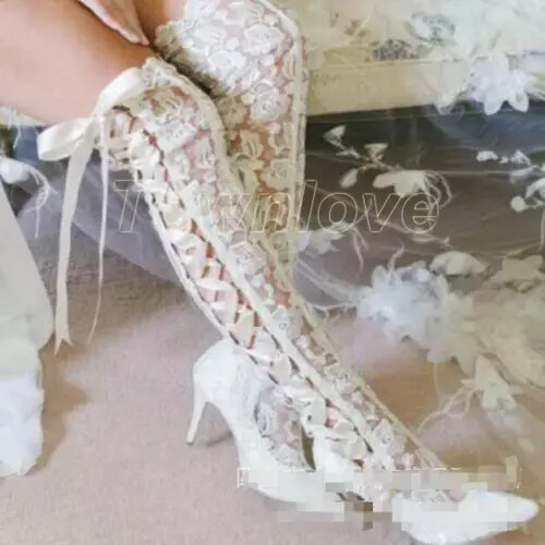 Womens Ribbon Lace Up Guipure Over Knee High Heel Boots Lace Wedding ...