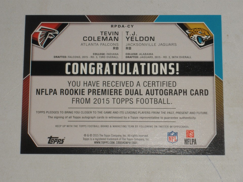 2015 Topps Rookie Premiere Dual Autograph Auto Tevin Coleman T J Yeldon ...