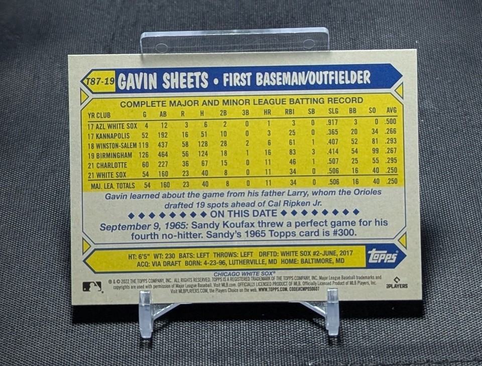 Gavin Sheets 1987 2022 Topps Baseball Card #T87-19 Chicago White Sox ...
