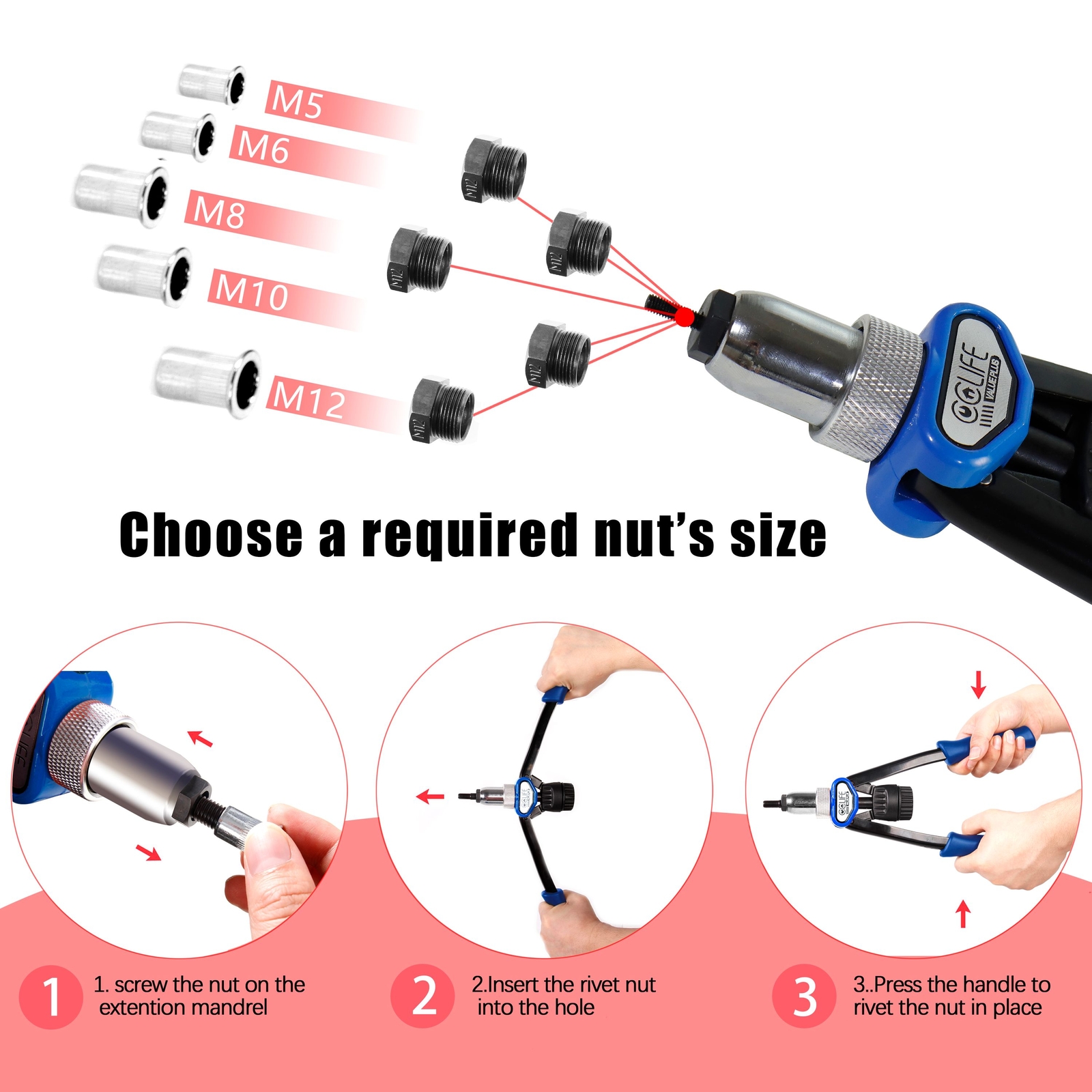 Nietmutternzange Gewinde Nieten Zange Set mit Stahl Nietmuttern M5 M6 ...