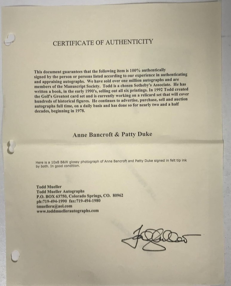 Anne Bancroft & Patty Duke Signed Autographed "The Miracle Worker" 8x10 ...