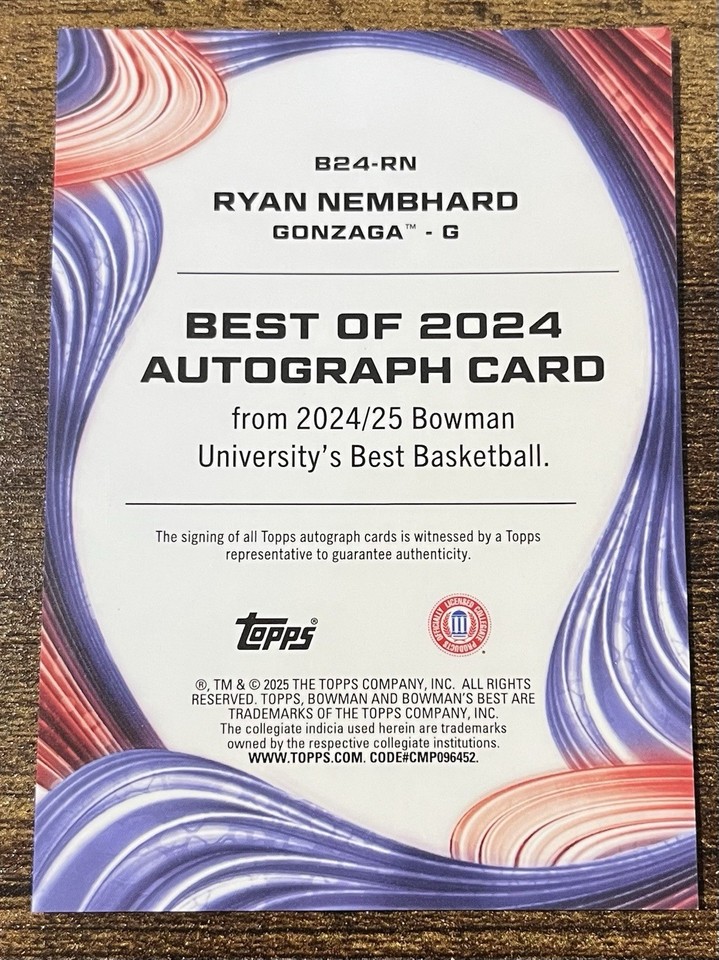 2024-25 Bowman University Best Ryan Nembhard TRUE Gold Auto /50 B24-RN ...