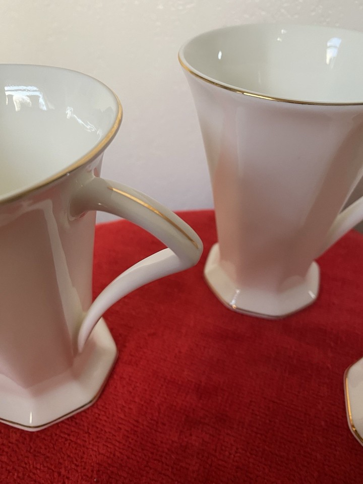Set Of 6 White Coffee/tea Cups 11cm High Art Deco Style Handle & Gold ...
