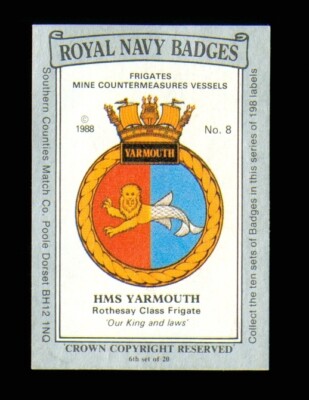 Matchbox label Royal Navy Badges HMS Yarmouth MQ1133 | eBay