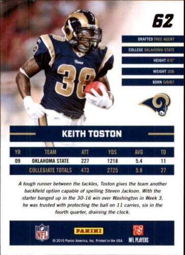 2010 Donruss Rated Rookies Football Card #62 Keith Toston St Louis Rams ...