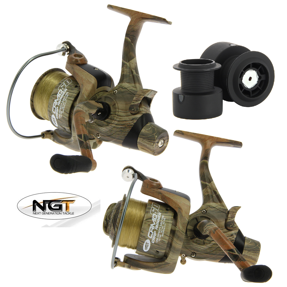 2 x NGT CAMO 60 CARP RUNNER FISHING REELS WITH 12LB CAMO LINE + SPARE ...