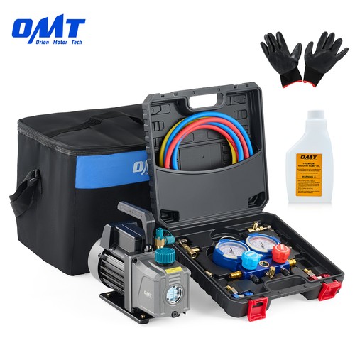 OMT 3,5CFM 1/4HP Air HVAC Vacuum Pump Kit + A/C Manifold Gauge Set w ...