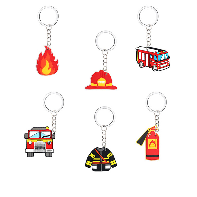 6Pcs Cartoon Firefighter Theme Party Gift Fire Truck PVC Keychains Toy ...