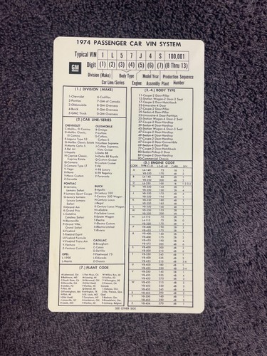 1974 VIN CHART GENERAL MOTORS gm CAR TRUCK key decoder codes vehicle id ...