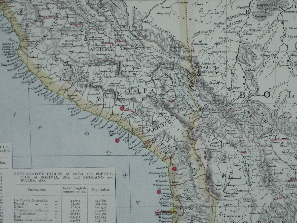 1883 LETTS MAP ~ SOUTH AMERICA WESTERN ~ BOLIVIA PERU POPULATION | eBay