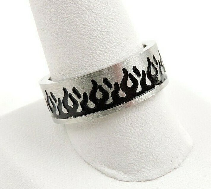 Stainless Steel Engraved Flames Band Ring - Free Gift Packaging | eBay