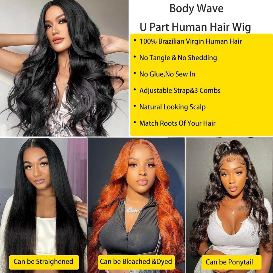 U Part Human Hair Wig Body Wave Brazilian Virgin Hair Glueless Wigs ...