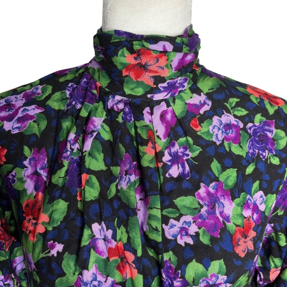 Vintage 80s Floral High Neck Maxi Dress Small Black Button Back Pockets ...