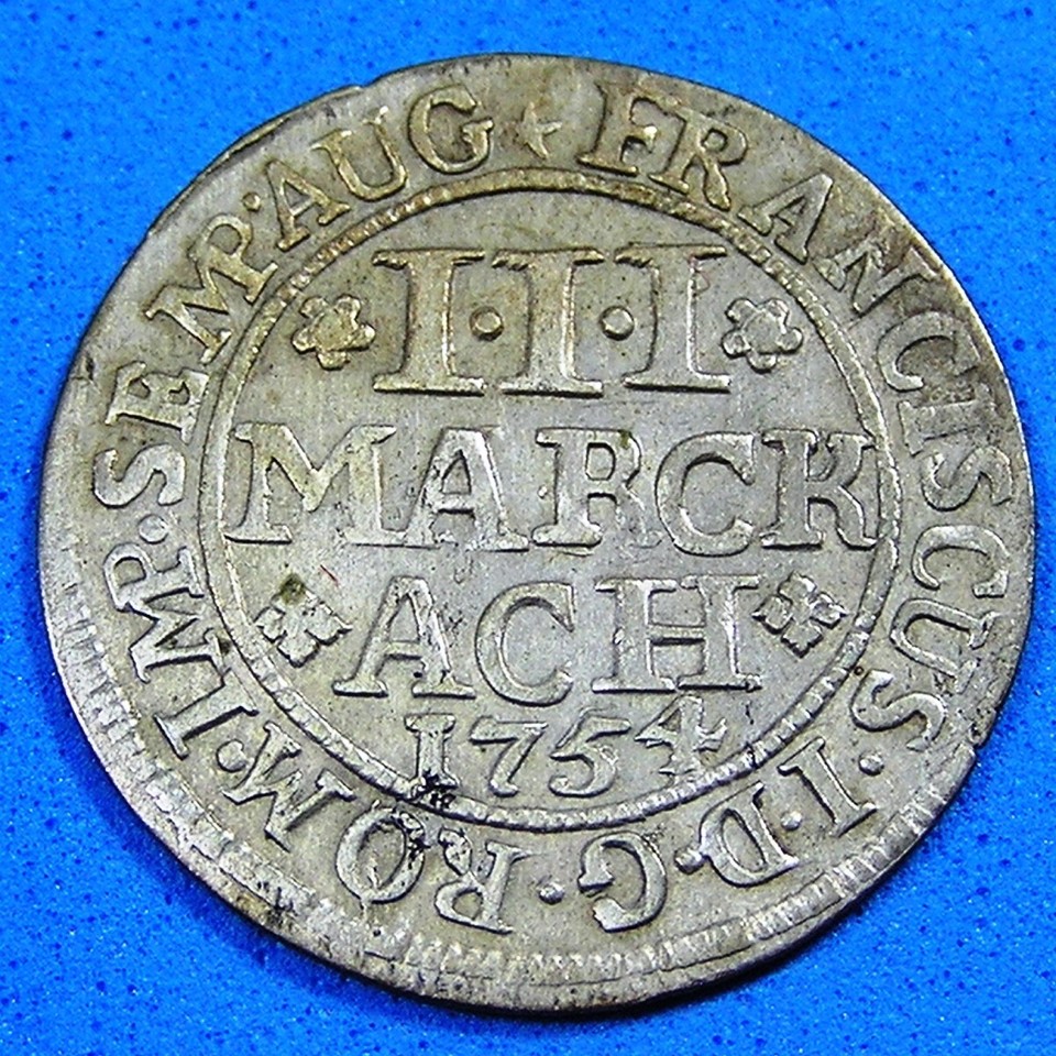Aachen German States 3 Marck Silver Coin, 1754 bold VF+ light old ...