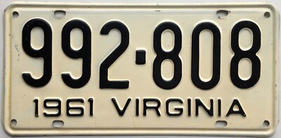 Virginia 1961 License Plate, 992-808, Very Good Condition | eBay