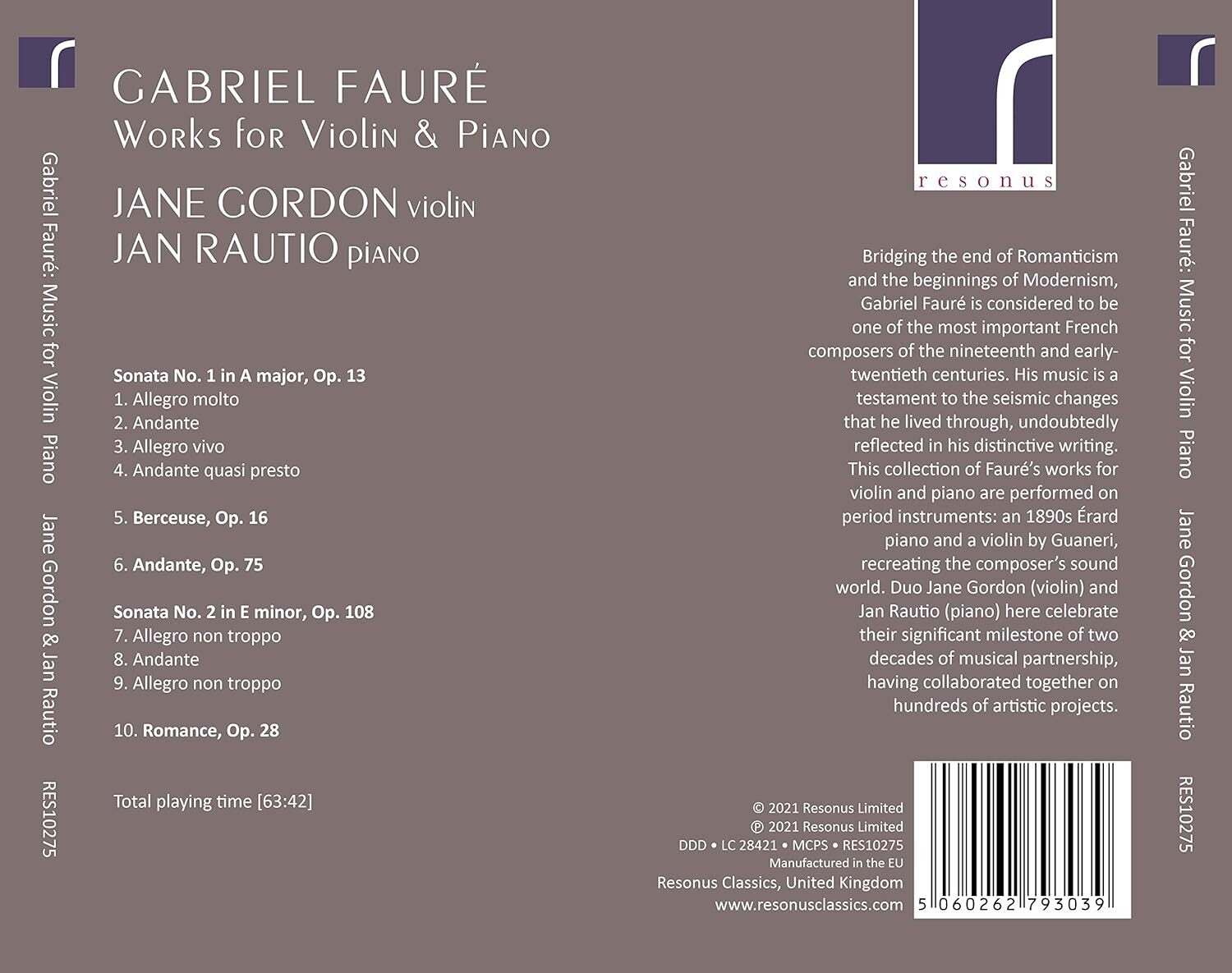 Faure Works For Violin Piano [Jane Gordon Jan Rautio] [Resonus Classics ...