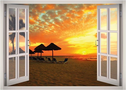 Caribbean Beach Sunset Window 3D Wall Decal Art Wallpaper Mural Sticker ...