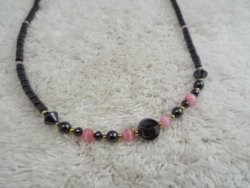 Hematite Pink Cat's Eye Glass Bead Necklace (B55) | eBay