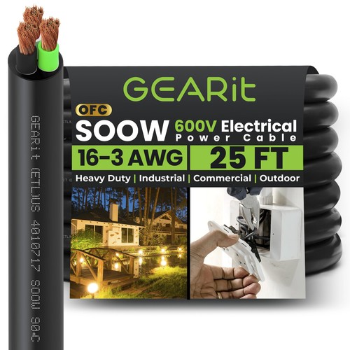 16/3 16 AWG Portable Power Cable (25 Feet - 3 Conductor) SOOW 600V 16 ...