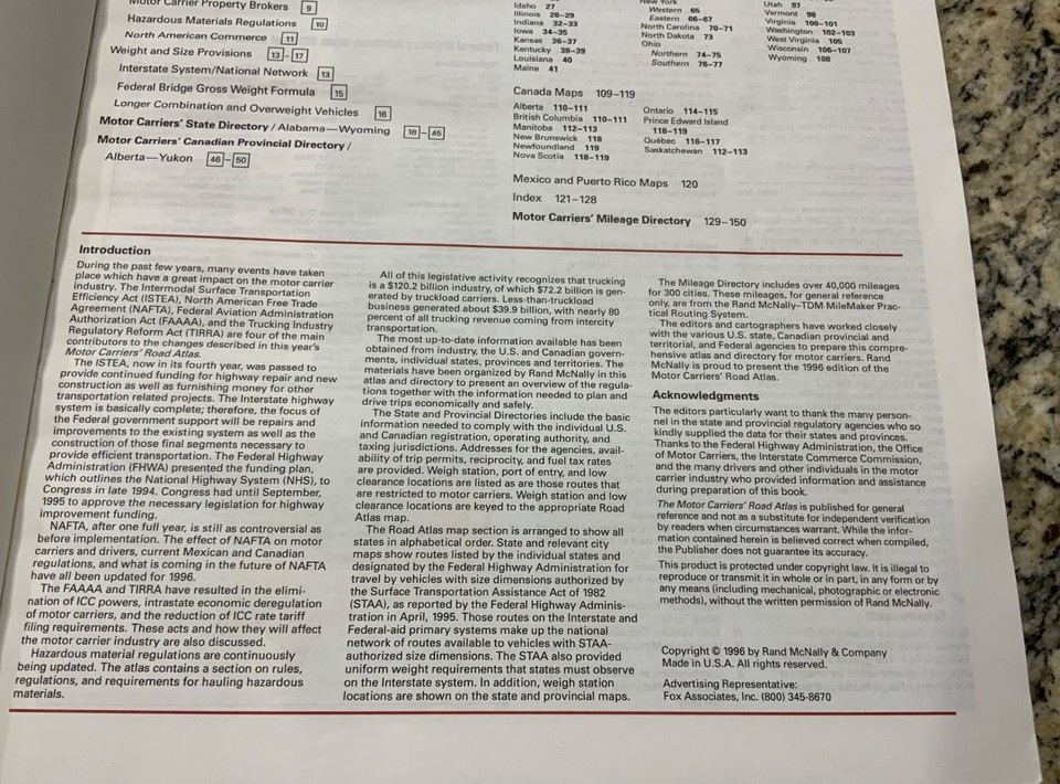 Rand McNally 1996 Motor Carriers' Road Atlas Trucking Industry Made in ...