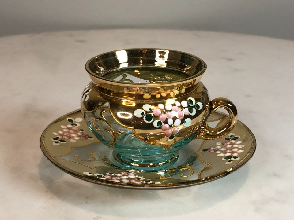 Unusual Att. Moser Glass Demitasse Cup & Saucer, Aqua Blue Uranium Gold ...