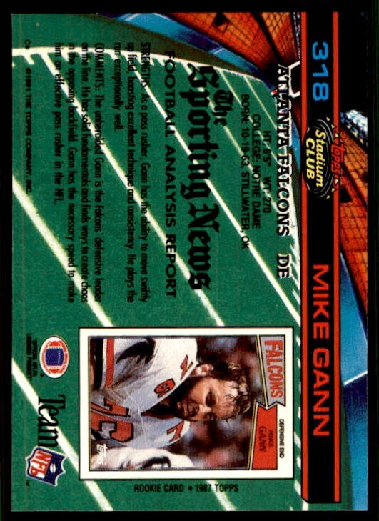 1991 TOPPS STADIUM CLUB FOOTBALL CARD ATLANTA FALCONS #318 MIKE GANN | eBay