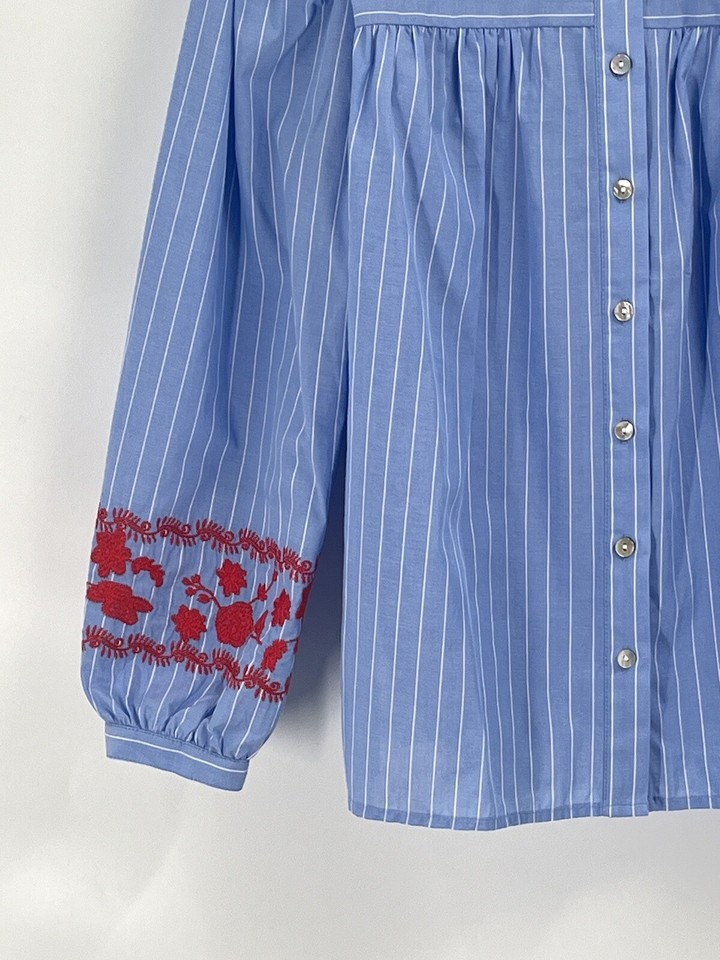 Dear John Xanthe Red Embroidered Blouse Button Down Blue Stripe Sz ...