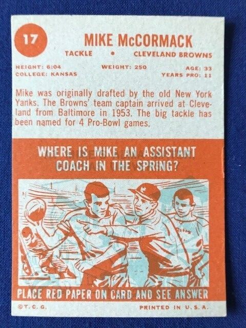 1963 Topps Mike McCormack #17 Cleveland Browns | eBay