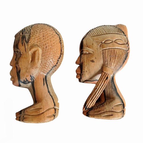Hand Carved Ebony Wood African Tribal Primitive Man Woman Bust Art ...
