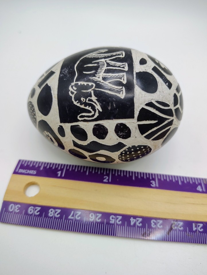 Hand Carved Etched Soapstone Egg from Kenya African Elephant Black and ...