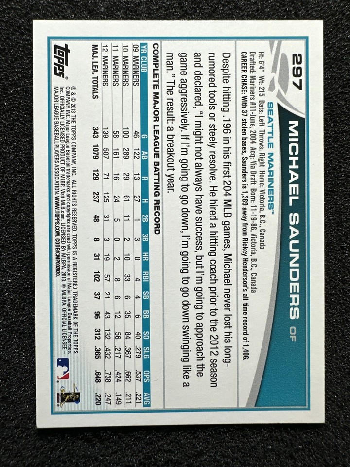 MICHAEL SAUNDERS #297 2013 Topps Series 1 Baseball QTY Seattle Mariners ...