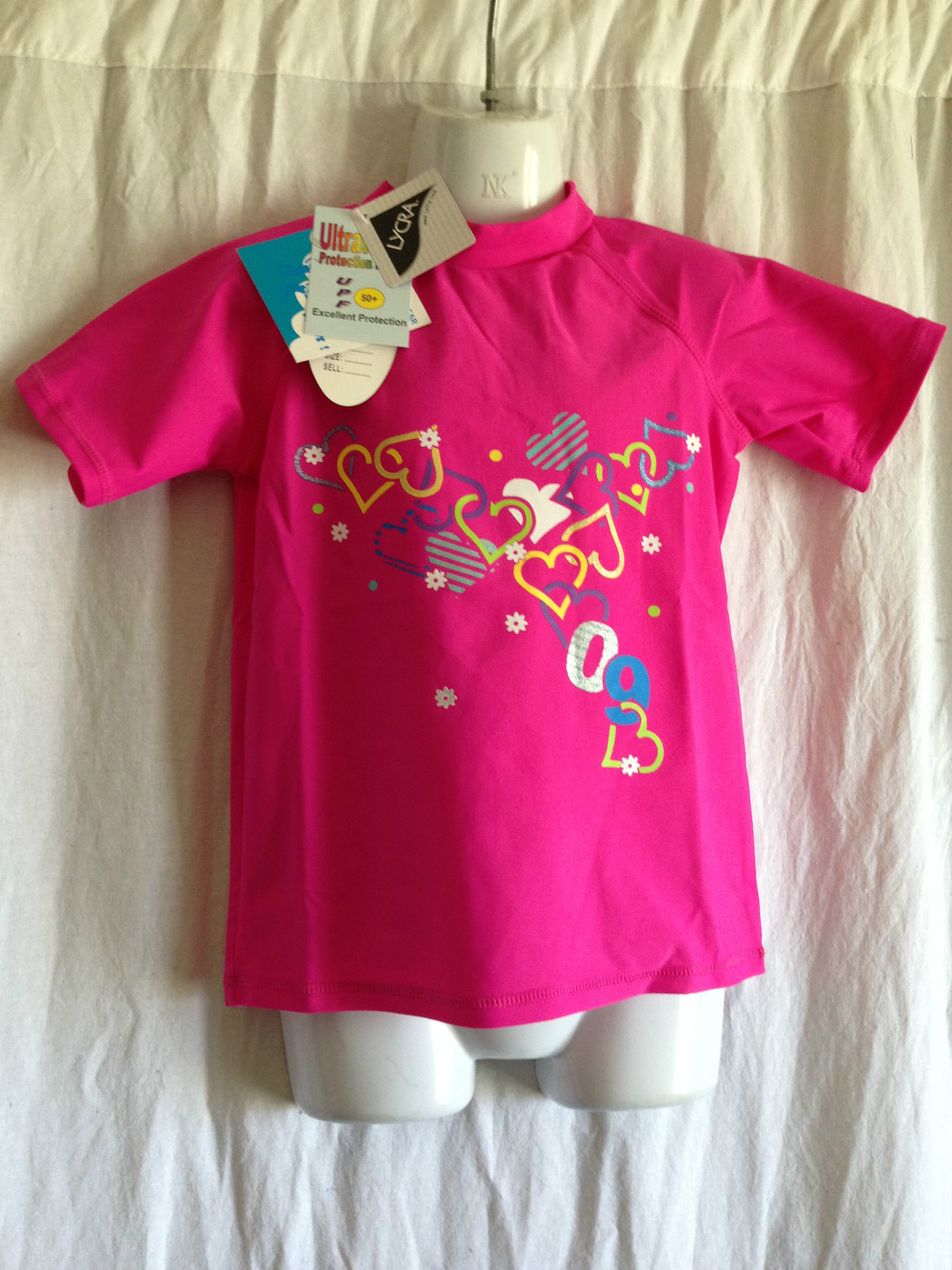 BNWT Girls Sz 2 Sun Star Brand Hot Pink Hearts Short Sleeve Rash Vest ...