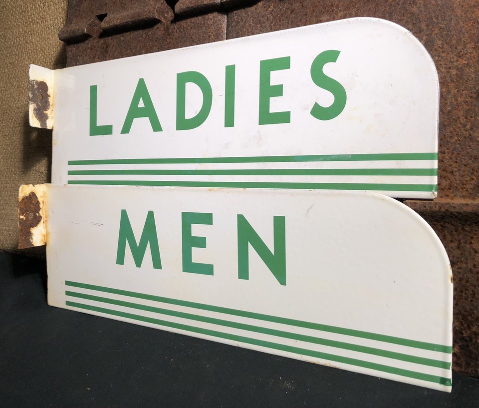 VINTAGE TEXACO RESTROOM MENS LADIES SET FLANGE 15” PORCELAIN SIGN ...