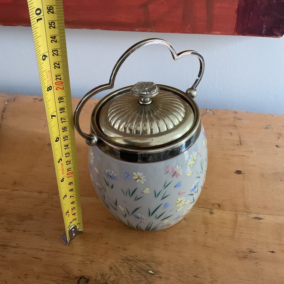 Antique Glass Hand Painted Enamel Biscuit Barrel Jar, Silver Plated ...
