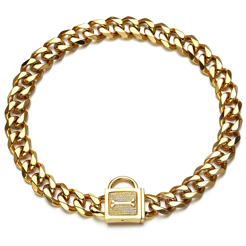 18K Gold Plated Cute Dog Cuban Link Chain Collar 316L Stainless Steel ...
