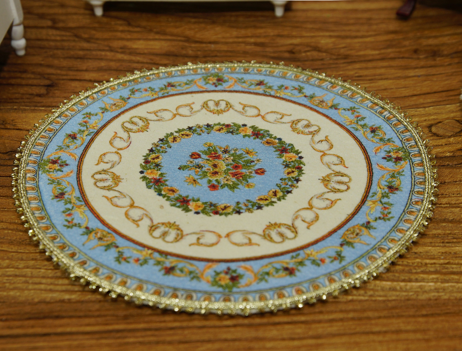 Nice Lace Round Dollhouse Miniature Rug Flower Garland Ivory Blue Heart ...