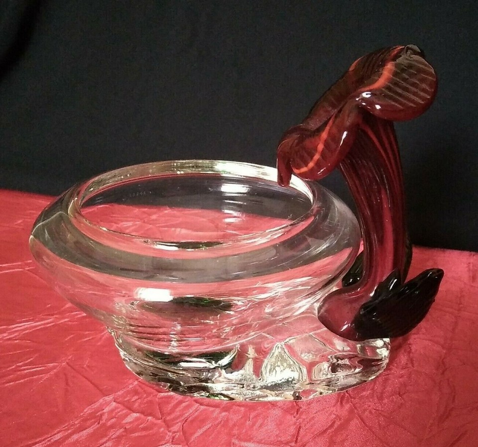 Red Clear Green Art Glass Nut Candy Bowl w/ Flower - Clips Cotton Swab ...