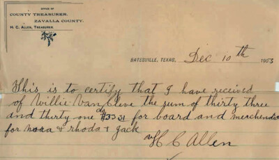 1903 LETTERHEAD Batesville Texas H C ALLEN Treasurer ZAVALLA COUNTY W ...