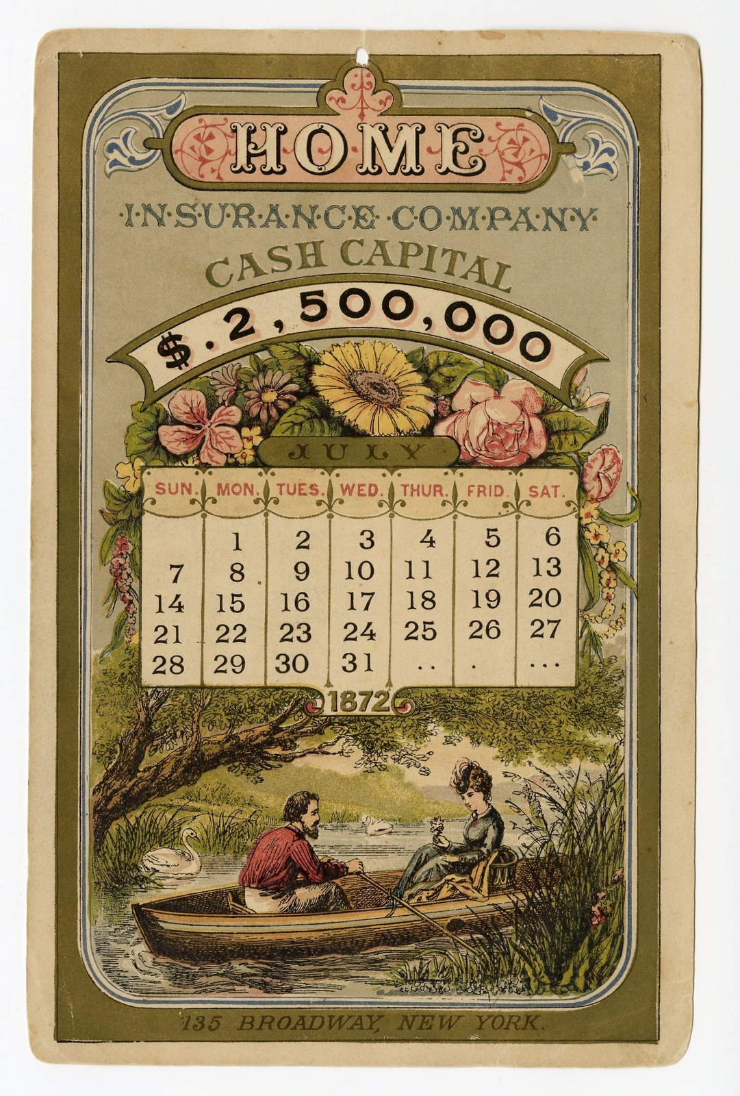 1872 Antique Victorian HOME INSURANCE CO. Promotional 12 Month CALENDAR ...