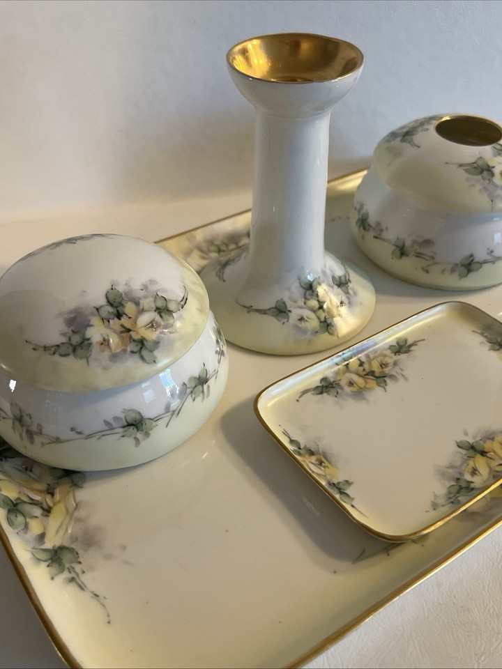 Antique Limoges 5 Piece Porcelain Vanity Dresser Set Yellow Flowers ...