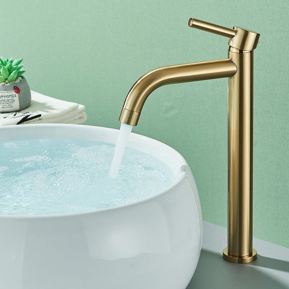 Brushed Gold Bathroom Sink Taps Tall Basin Vanity Mixer Tap Single ...