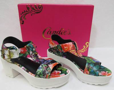 Candies Sandals Colorful Floral Design White Block Heel Chunky Size 7 ...