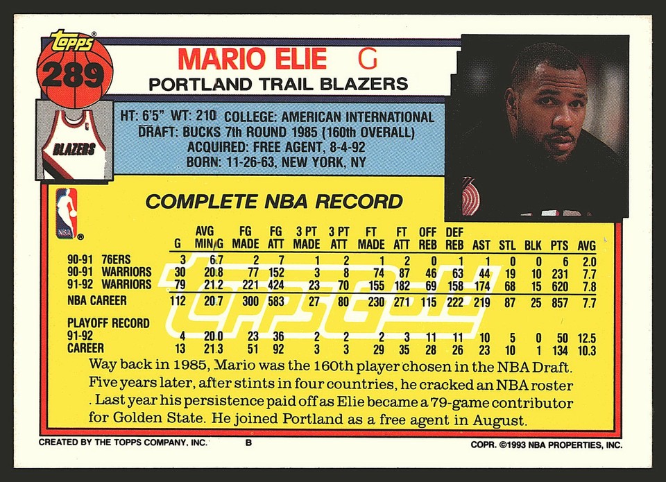 1992-93 Topps #289 Mario Elie Gold | eBay