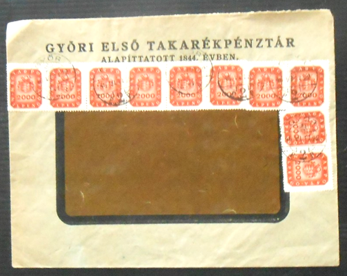 1925 Hungary Gyor Bank Cover 100k Korona Hyperinflation revenue stamps ...
