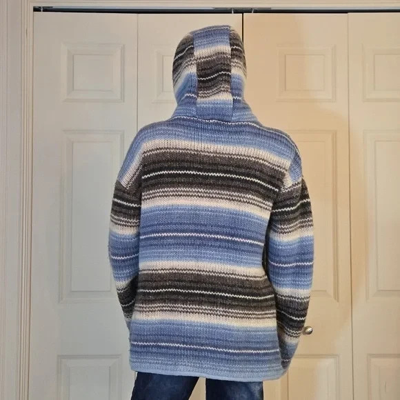 LAUNDROMAT NEPAL Blue & Gray Stripe Handmade WOOL Zip Hoodie Jacket Men ...
