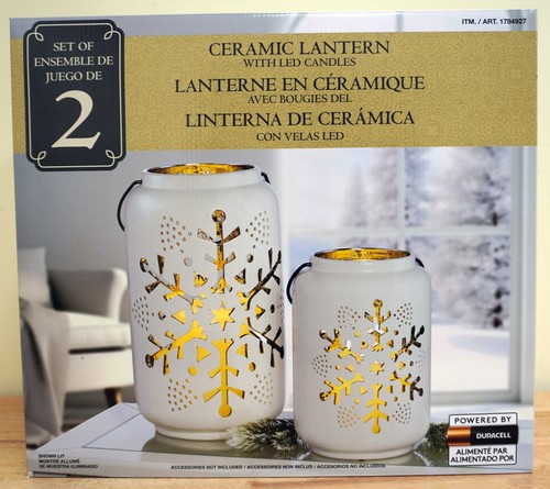 2 Glass Punched Ceramic Lanterns 14" and 10" Snowflake Luminary W/LED ...