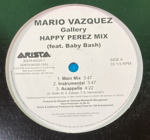 Gallery by Mario Vazquez (Arista Records, 2006) 12” Promo Vinyl Single ...