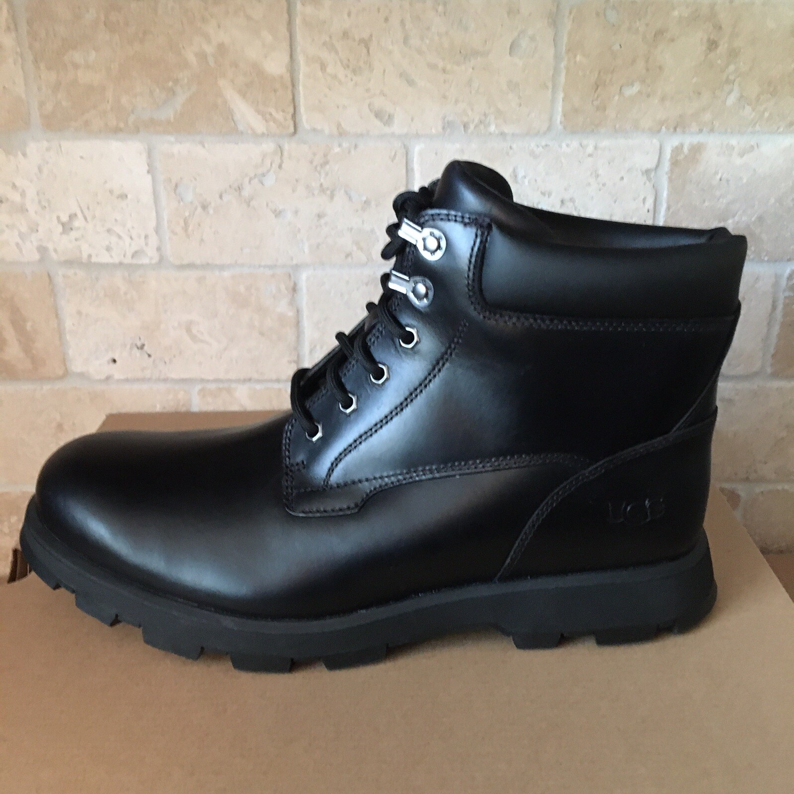 UGG Stenton Black Waterproof Leather Sheepskin Lace-up Boots Shoe Size ...