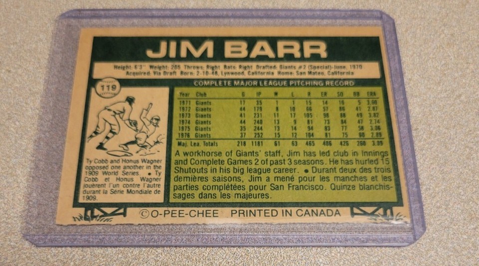 JIM BARR SIGNED 1977 O-PEE-CHEE OPC BASEBALL CARD #119 TTM AUTO ...